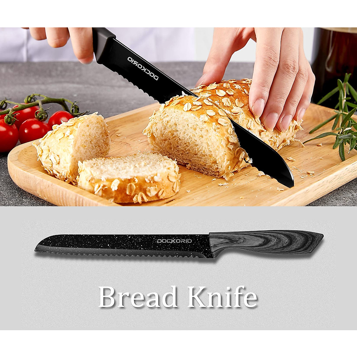 Dockorio all in one Kitchen Knife Set with Block, 19 PCS High Carbon Stainless Steel Sharp Serrated Steak Knives Set, Chef Knives, Bread Knife, Scissor, Sharpener,