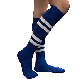 COUVER Unisex White Striped Knee High Softball/Sports Socks, Blue, Medium Size, 1 Pair