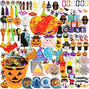 APROAT 140PCS Halloween Party Favors for Kids, Bulk Halloween Premium Toys with Pumpkin Buckets, Halloween Non-Candy Treats Basket Filler for Trick or Treat, Halloween Goodies Bag Stuffers