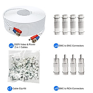 Aimyzii BNC Cable 200ft 4 Pack BNC Video Power Cable,Security Camera Cable for CCTV Camera DVR Security Systems(Included 8X BNC Adapters,100 Pcs Cable Clips)-White
