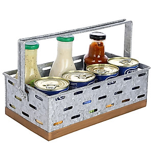 MyGift Silver Galvanized Metal Perforated Condiment Basket Storage Container with Handle and Copper Tone Accent Rim - Handcrafted in India