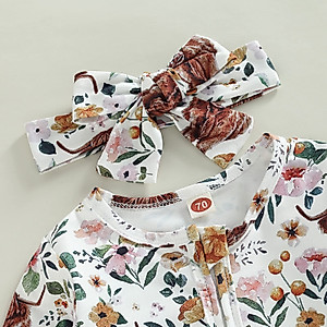 Karuedoo Western Baby Girl Clothes Cow Print Long Sleeve Romper Jumpsuit Zip Up Onesie Bodysuit Headband Cute Cow Outfit (A Beige, 0-3 Months)