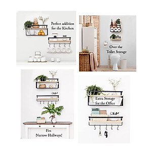 Pre-Drilled Floating Shelves for Bath, Kitchen, & Bedroom - Wall Mounted Natural Wood Floating Shelves with Steel Towel Bar, Mesh Storage Basket & Hardware for Installation - 2 Pack