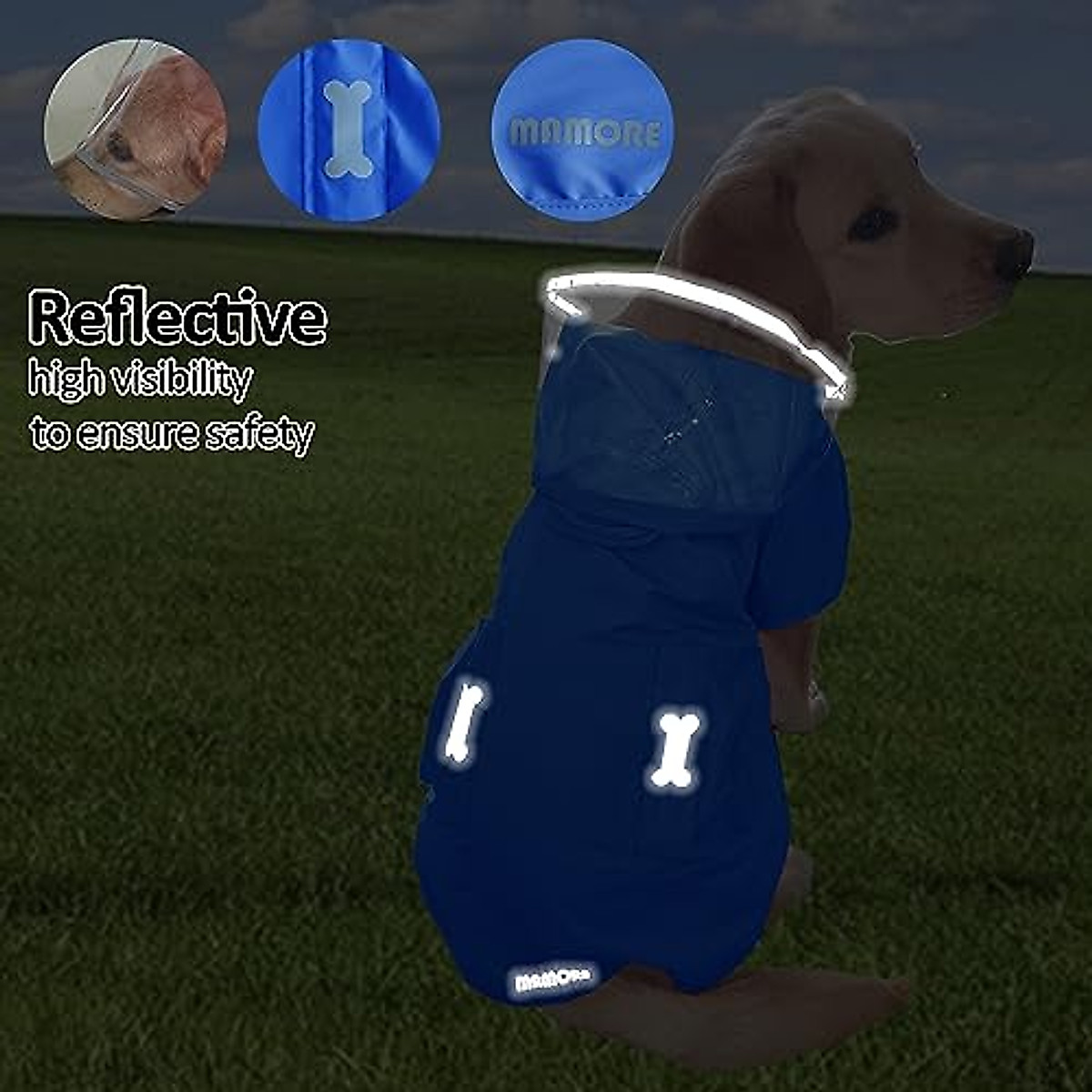 Waterproof Dog Raincoat, Adjustable Reflective Lightweight Pet Rain Clothes with Poncho Hood (Large, Blue)