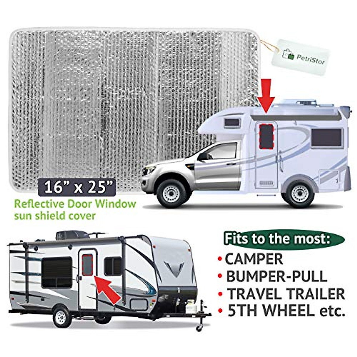 PetriStor 16 X 25 Sun Shield RV Reflective Door Window Cover Helps Protect Your RV from Harmful UV Rays and Regulates RV Temperature White