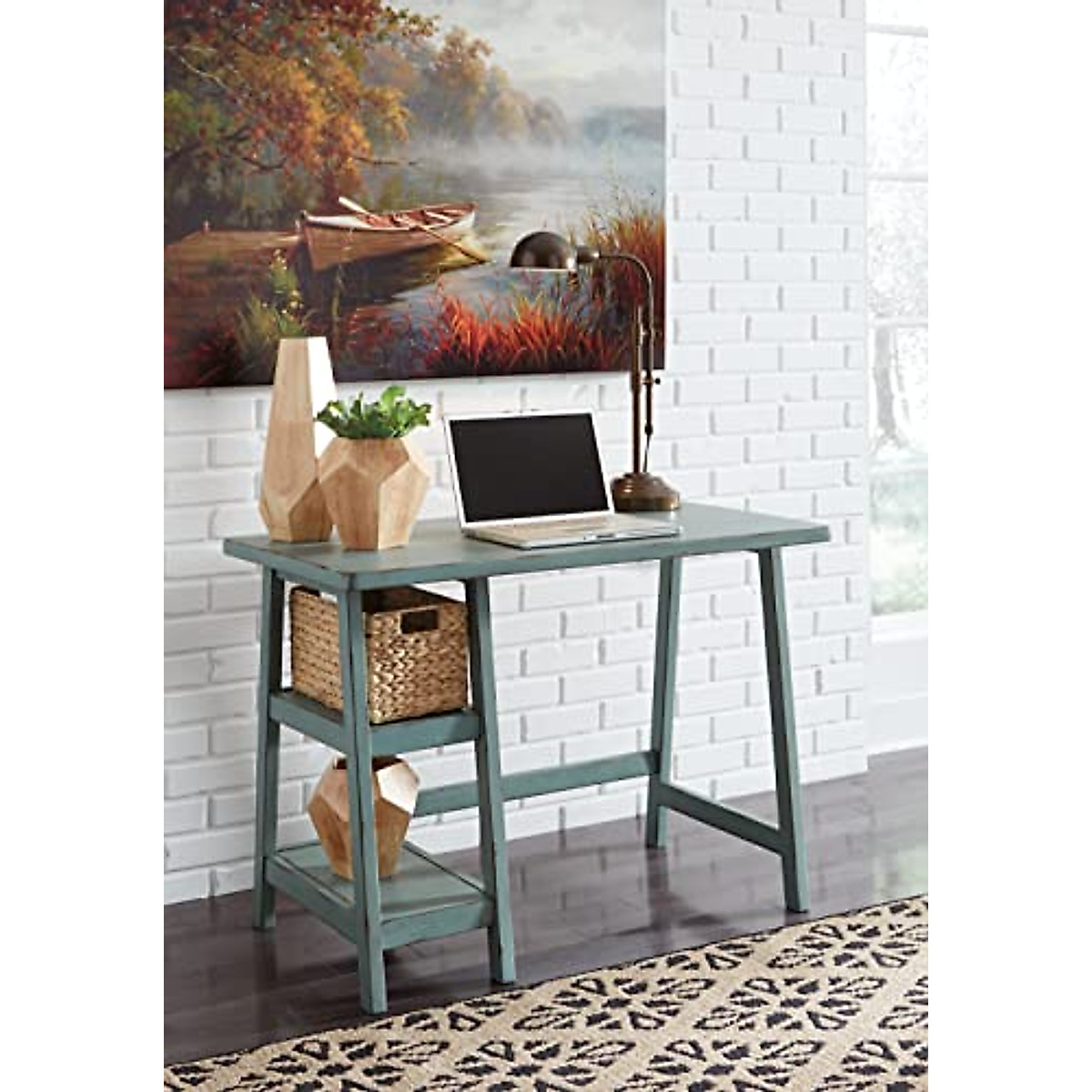Signature Design by Ashley Mirimyn Vintage 42" Home Office Desk with Basket, Distressed Blue,Teal