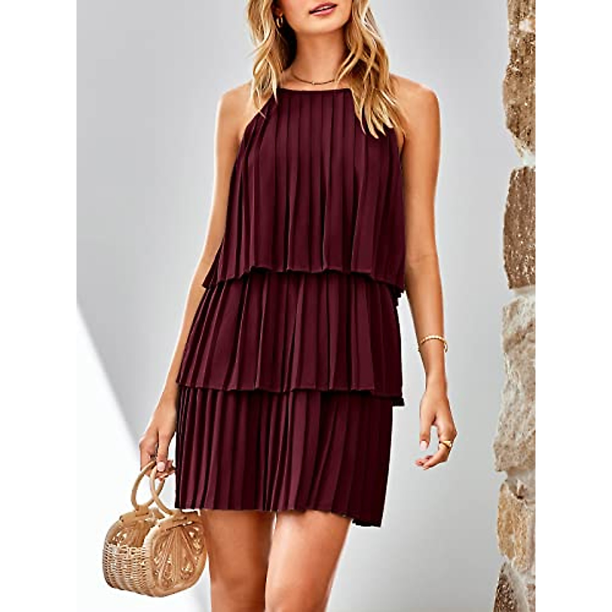 NALANISA 2023 Womens Summer Dresses Halter Pleated Tiered Flowy Sleeveless Mini Short Sundress Elegant Casual Cocktail Party(Wine Red, Medium)
