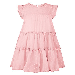 AGQT Toddler Girls Summer Dress Loose Fit Swiss Dots Flowy Pleated Dress Ruffle Babydoll Birthday Chiffon Dress Pink Size 1-2T