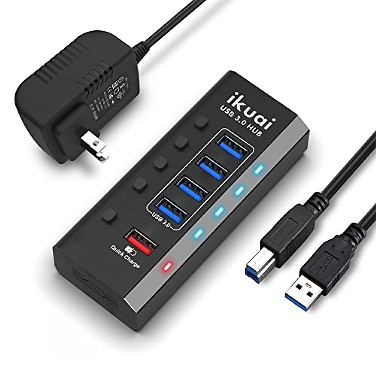 USB Hub 3.0 Powered, ikuai 5-Port Multiple USB Port Splitter, USB 3 Powered Hub, High-Speed Portable USB Port Expander, Charging Supported, 24W Power Adapter for Laptop and PC (RSW-A35B)