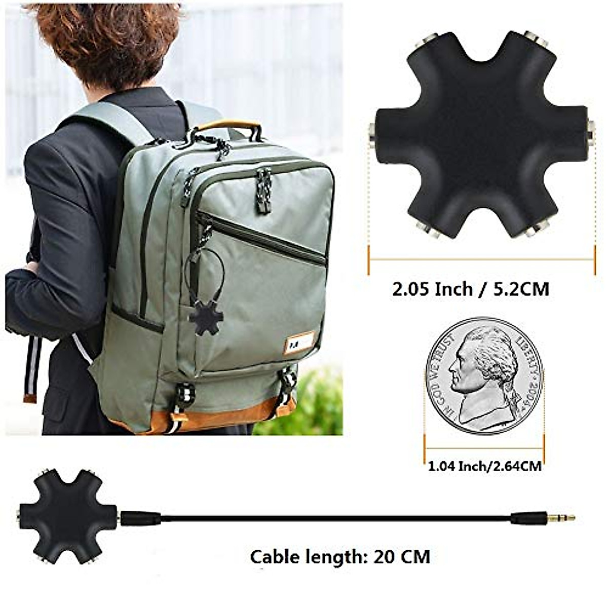 JOYISEN 2PCS Multi Headphone Splitter 3.5mm Headphone Audio Jack Splitter 1 Male to 5 Port Female Earphone Headset Adapter (Black)