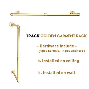 AddGrace Industrial Iron Pipe Clothing Garment Rack Wall Mounted Closet Rod Retail Display Rack Closet Storage Clothes Organizer Gold