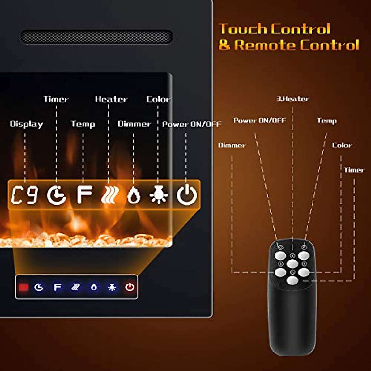 COSTWAY 50-Inch Electric Fireplace, 750W/1500W Wall Recessed and Mounted Fireplace Insert with Remote Control, 9 Flame Colors, 5 Brightness Settings, 8 H Timer, Fireplace Heater for Indoor Use