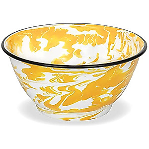 Red Co. Set of 2 Enamelware Metal Large Classic 4 quart Round Salad Serving Bowl, Yellow Swirls/Black Rim