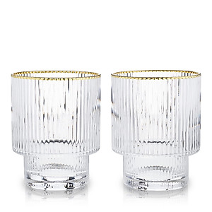 TRUE Viski Meridian Lowball Glasses Set of 2 - Premium Crystal Clear Vintage Drinking Tumblers for Whiskey, Scotch & Bourbon in Art Deco Ripple Glassware Design, Gold Rimmed Gift Set, 12 oz.