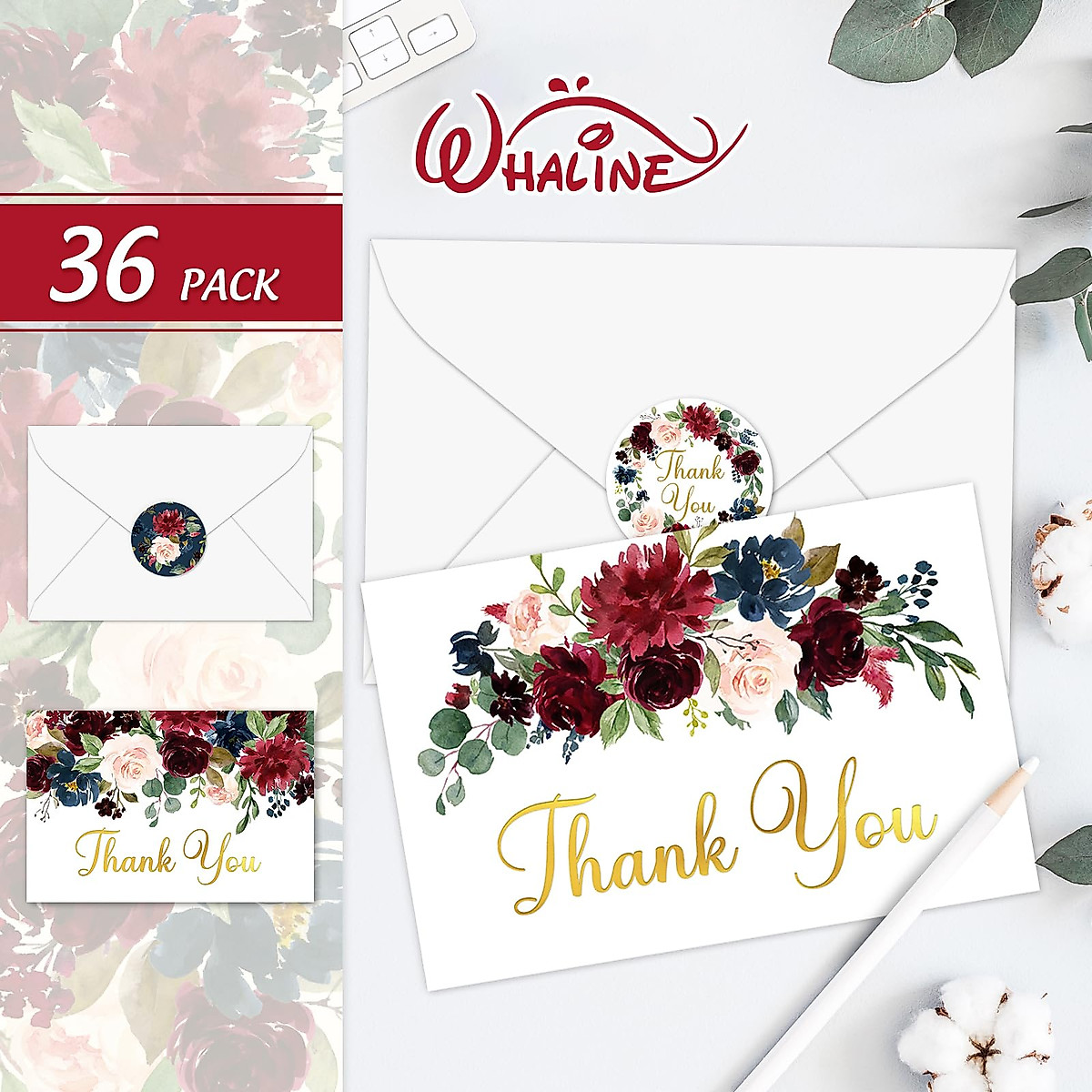 Whaline 36 Pack Floral Thank You Cards Bulk Watercolor Navy Burgundy Flower Greeting Cards with Envelope Sticker Gold Foil Spring Blank Note Cards for Wedding Birthday Baby Shower Party, 4 x 6 Inch