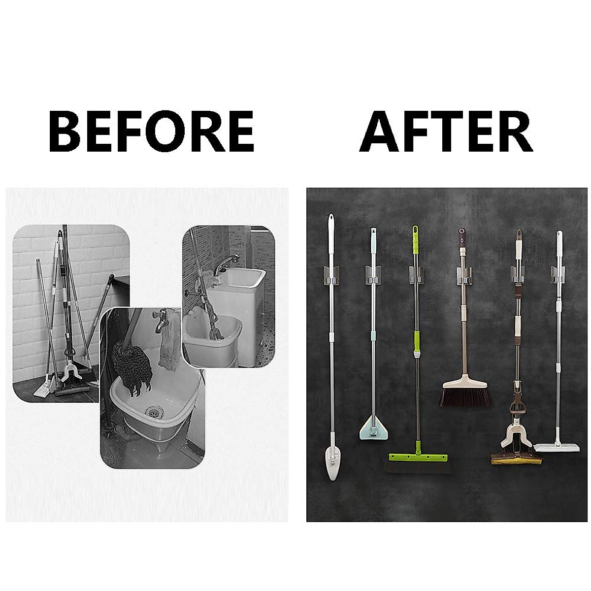 2 Pack Mop Broom Holder Racks 304 Stainless Steel Self Adhesive Heavy Duty Wall Mounted Mop Organizer Storage Clip Multi-Used for Garage Kitchen and Bathroom