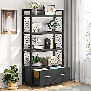 LITTLE TREE Freestanding Lateral File Cabinet with Drawer, Filiing Cabients with Shelves, Black