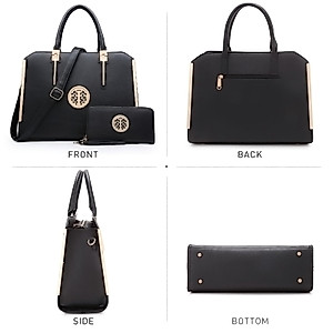 Dasein Women Large Handbag Purse Vegan Leather Satchel Work Bag Shoulder Tote with Matching Wallet (Black)