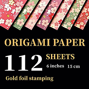 CUTBLAJAT 112 Sheets Heavier Origami Paper Japanese Cherry Blossom Pattern Sakura Bronzing Chiyogami 6" 15cm Washi Easy Fold Paper for Beginner