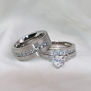 TWO RINGS Wedding Ring Sets His And Hers Promise Ring Couples Bridal Sets Women 925 Sterling Silver Heart Cz Man Titanium Wedding Bands
