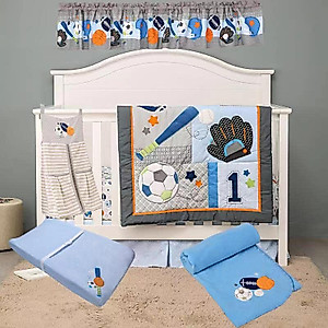 JAHbaby 7 PCs Blue Sports Theme Nursery Crib Bedding Set Baby Boy Love Sport Standard Crib Bedding Set 28 X 52