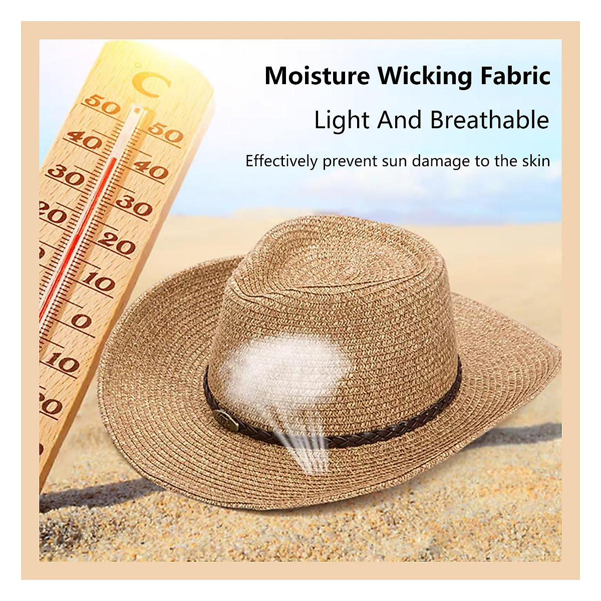 Straw Cowboy Hats Straw Cowgirl Hat Wide with Shapeable Wide Brim Foldable Vacation Beach Sun Hat for Women Men,Khaki