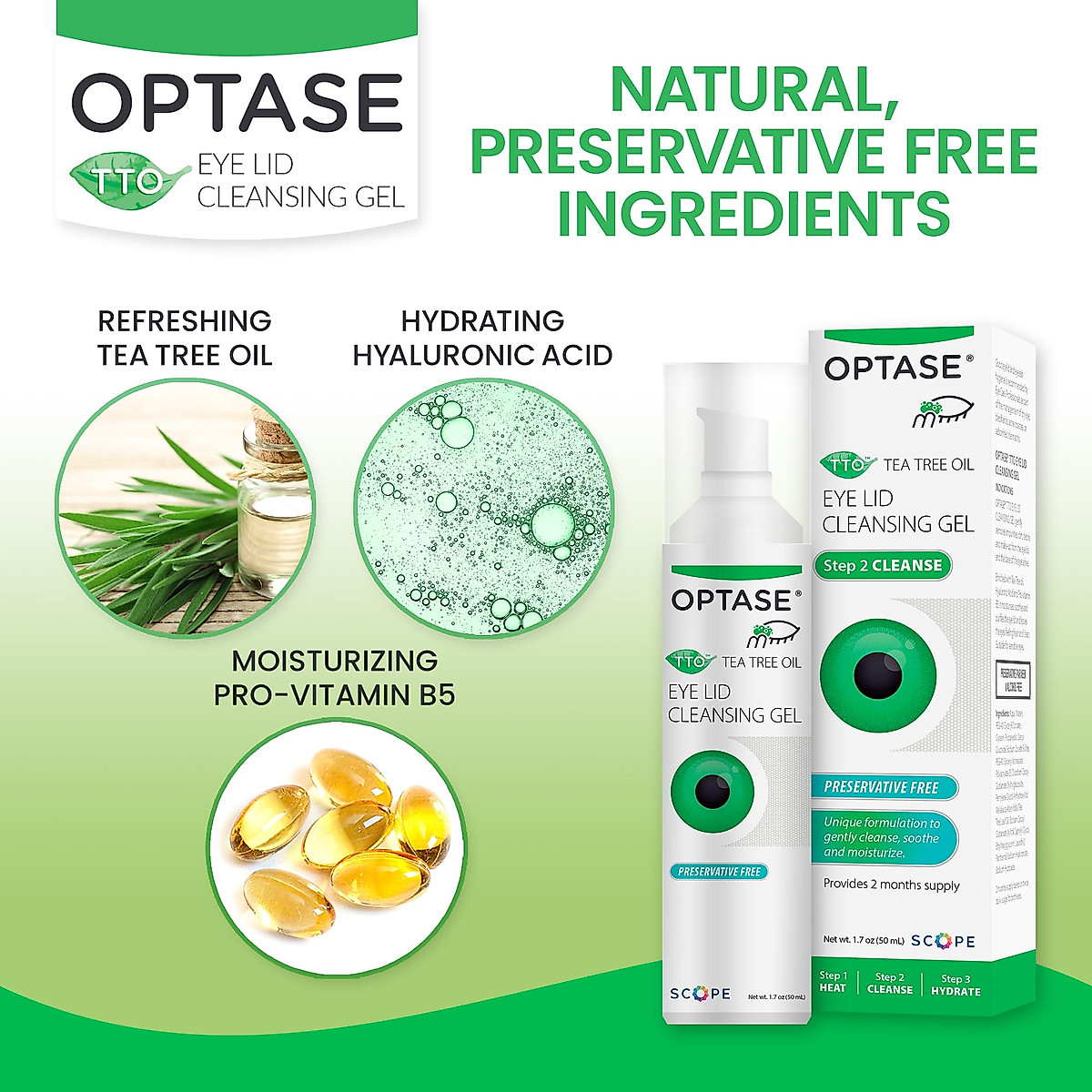 OPTASE TTO Eye Lid Cleansing Gel - Tea Tree Oil Cleanser - Preservative Free, Natural Ingredients - Soothes Dry Eye and Eyelid Irritation - Made With Pro-Vitamin B5-1.7 oz