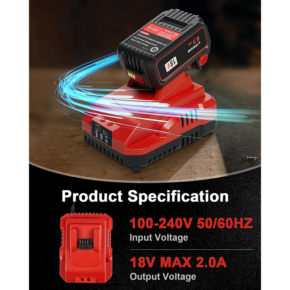 TOMORTOOL 2-Pack 18V 6.5Ah Replacement for Milwaukee M-18 Battery and 1 Charger(red)