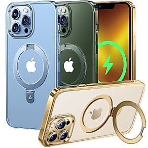 Alphex Invisible Stand Magnetic Case for iPhone 13 Pro, Official Color Match for iPhone, Compatible with MagSafe, Military Grade Shockproof Phone Cover Ring Holder Women 6.1 inch, Gold