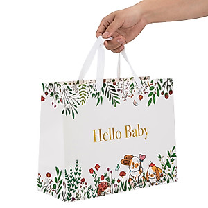 13" Large White Gift Bag Set with Greeting Card and Tissue Papers (Hello Baby Design) for Girls' Birthday Party, Baby Shower, Baby Girl or Boy, Women's Birthday Parties - 13”x5.2”x10.2”, 1 Pcs.