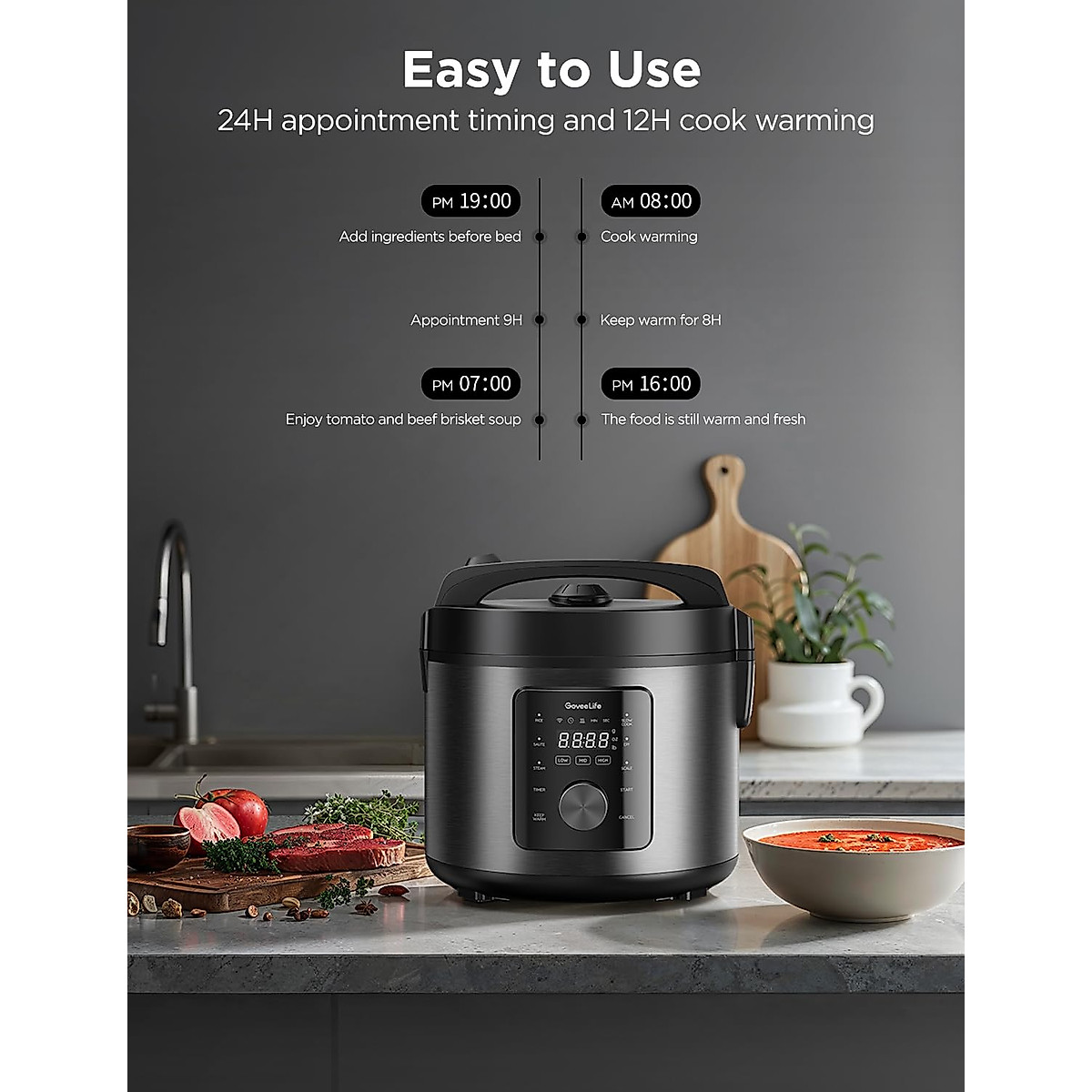 GoveeLife Smart Rice Cooker, 6-in-1 Multi-Cooker, Slow Cooker, Yogurt Maker, Saute Pan, Steamer, Food Warmer, 1000W, 10-Cup Uncooked 5.2 Quart, Includes App with 33 Recipes