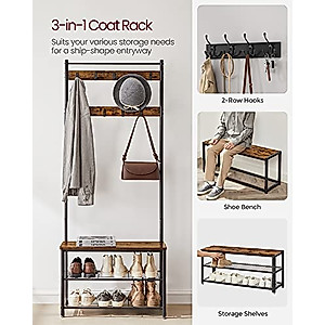 VASAGLE Coat Rack, Hall Tree with Shoe Storage Bench, Entryway Bench with Shoe Storage, 3-in-1, Steel Frame, for Entryway, 12.6 x 27.6 x 69.8 Inches, Industrial, Rustic Brown and Black UHSR41BX