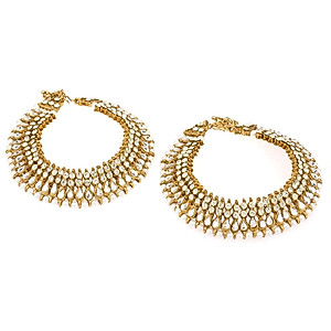 Efulgenz Indian Bridal Gold Tone Anklets for Women Indian Bollywood Anklet Crystal Rhinestone Faux Kundan Pearl Wedding Bridal Anklet Set Bracelet Payal Foot Jewelry