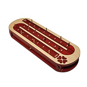 PALM ROYAL HANDICRAFTS 4 Track Wooden Cribbage Board Set Inlaid in Blood Wood and Maple Wood with pegs and Cards Storage Available. 4 Player Cribbage Board (15 x 5 Inches)