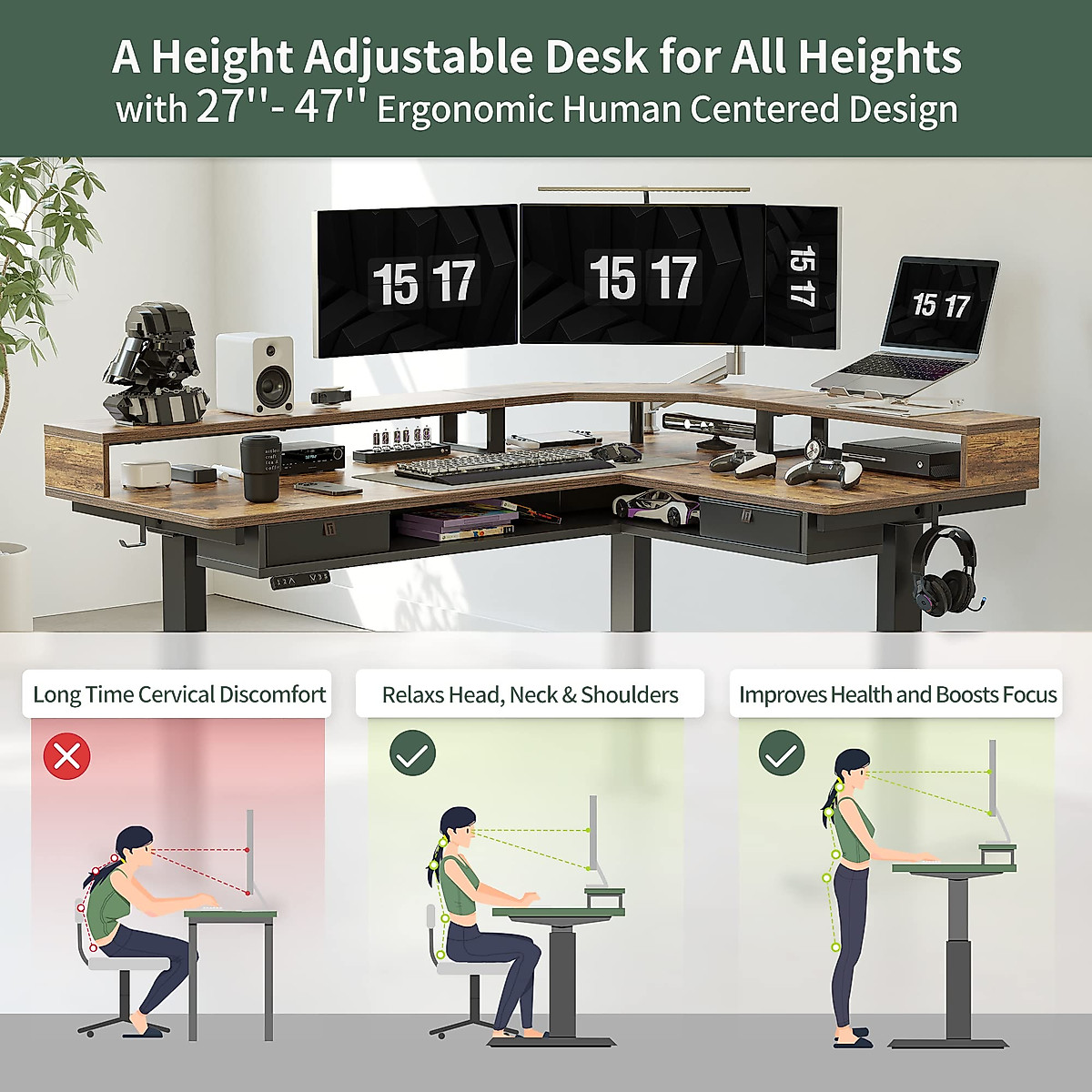FEZIBO L Shaped Standing Desk with LED Strip & 2 Drawers, Triple Motors Supports 330 lbs, Upper and Lower Storage Shelves Available, Electric Height Adjustable, for Home Office, Rustic Brown