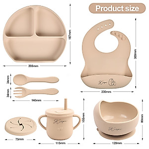 Baby Led Weaning Supplies - Kirpi Baby Feeding Set - Silicone Suction Bowls, Divided Plates, Sippy and Snack Cup - Toddler Self Feeding Eating Utensils Set with Bibs, Spoons, Fork - 6 Months (Beige)