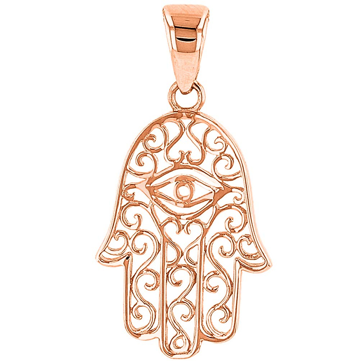 Jewelry America Solid 14K Rose Gold Filigree Hamsa Hand of Fatima with Evil Eye Charm Pendant