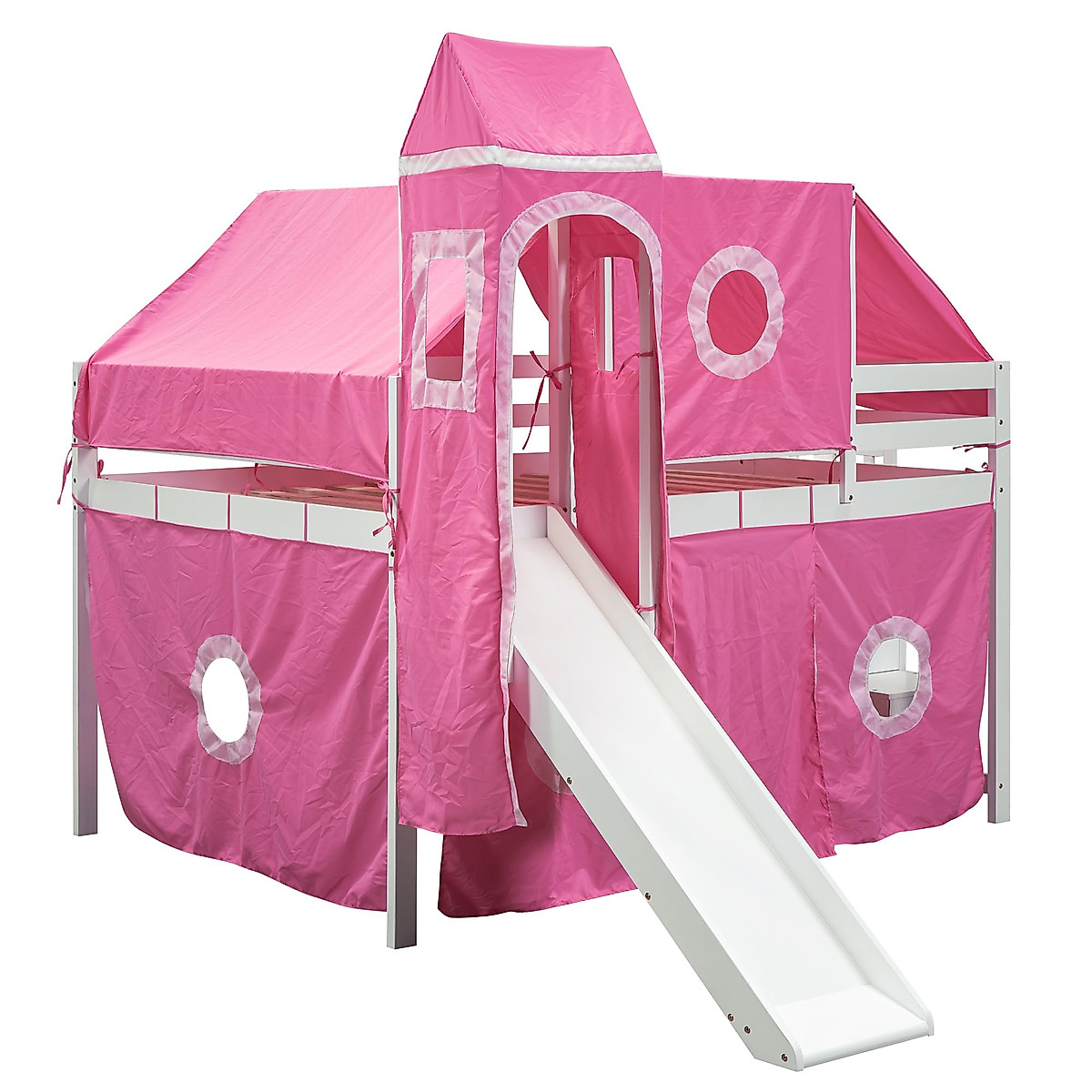 Merax Low Loft Bed Full Size with Slide and Storage Stairs, Wood Loft Bed with Tent & Tower, for Boys & Girls, Pink