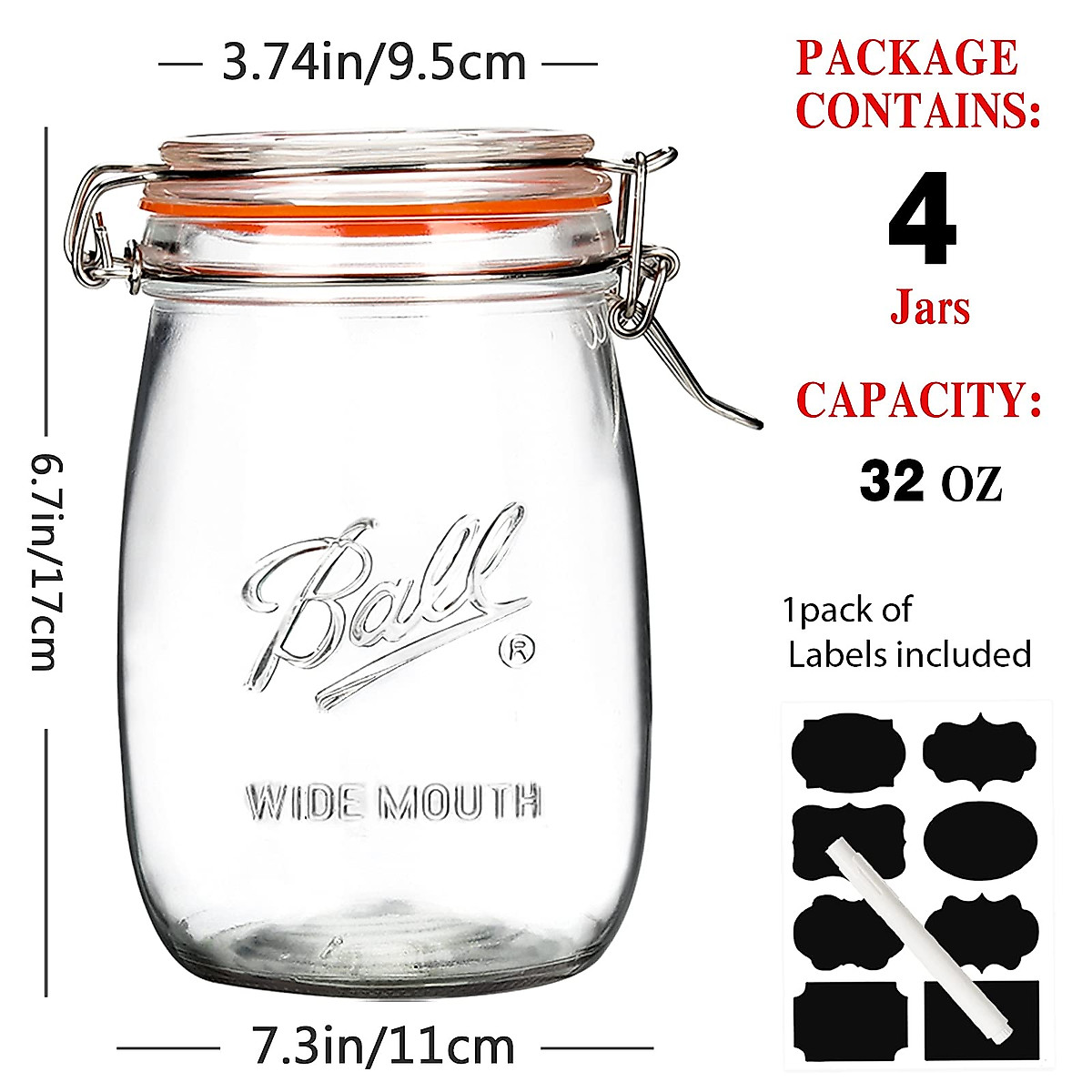Anwoi Wide Mouth Glass Jars with Airtight Lid 32OZ 4 Pack, Kitchen Storage Large Clear Canister Jars with Hinged Lid with Measurement Marks For Canning,Coffee,Flour,Sugar,Beans
