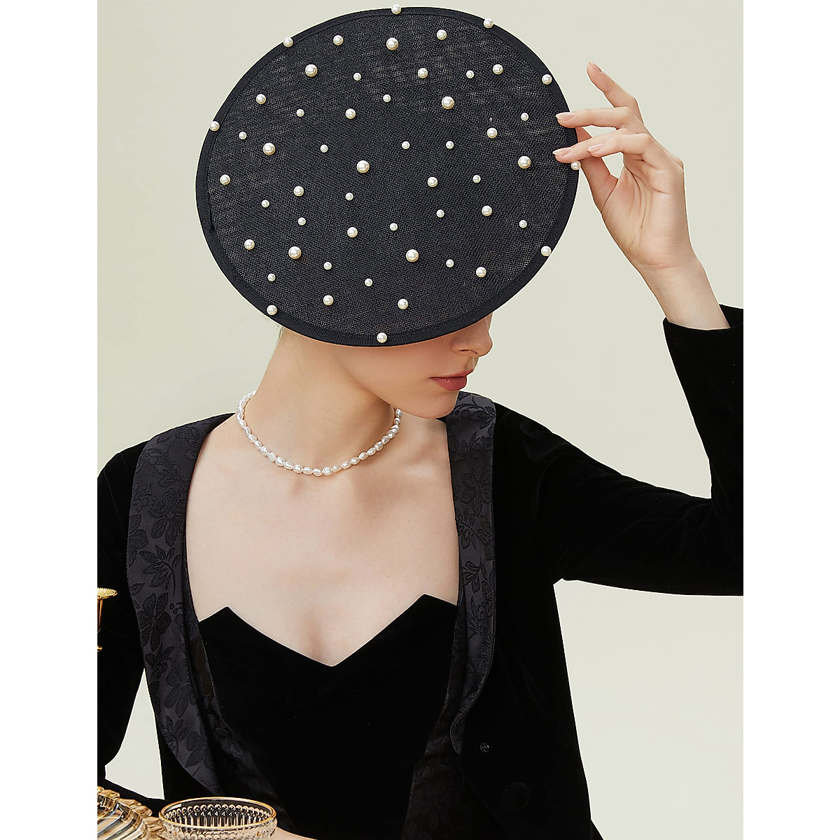 Coucoland Fascinator Hat Cocktail Tea Party Fascinator Headband Flat Kentucky Derby Fascinators for Wedding Black-Pearl