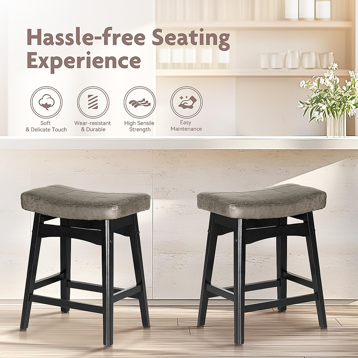ALPHA HOME Bar Stools Set of 3, Solid Wood Saddle Kitchen Stools with Grey PU Leather Cushion Counter Height Barstools with Wooden Base for Kitchen Dining Cafe, 24 Inch, Grey, 3PCS