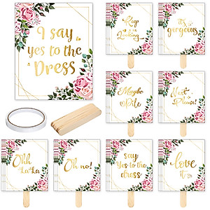 33 Pieces Say Yes to the Dress Signs Paddles Wedding Dress Shopping Signs with Wood Sticks and Double Side Tape for Bridesmaids and Brides Bachelorette Party Games Gifts