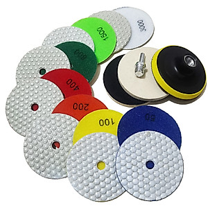 4 Inch Dry Diamond Polishing Pads, 11PCS Wet/Dry Granite Stone Buffing Pad Kit for Marble Concrete Countertop Quartz Tiles, 50-3000 Grit High Temperature Resistance Sand Pad for Drill Grinder Polisher