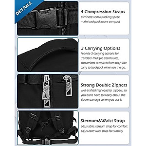 Hynes Eagle Travel Backpack 40L Flight Approved Carry on Backpack Men Large Cabin Weekender Laptop Backpack Women 15.6 inches Black with 3PCS Packing Cubes Set Black