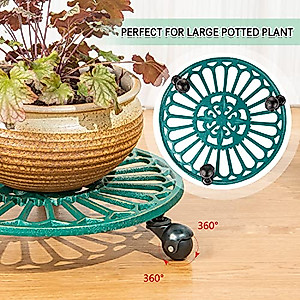 Sungmor Cast Iron Plant Caddy with Wheels, 2PC 14.8" Large & Heavy-duty Rolling Plant Stands, Pretty Garden Pots Tall Planter Dolly, Round Flower Pot Mover Metal Plant Pallet Trolley Tray with Casters