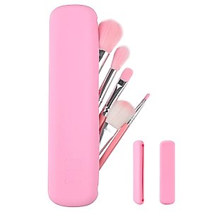 KUGAKUGA Travel Makeup Brush Holder, Cosmetic Bag Case Travel Makeup Pouch for Women, Makeup Brush Organizer for Girls, Silicone Small Makeup Bag for Purse (Pink)