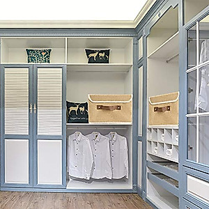 Lucky Monet 2 Pack Linen Fabric Foldable Storage Bin Set Collapsible Storage Box Cube Closet Organizer with Lid & Faux Leather Handle, 10”x8”x7” (Khaki)