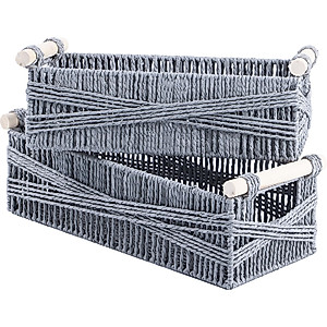OUTBROS 2-Pack Woven Storage Baskets,Paper Rope Basket with Wood Handles, Decorative Boho Desk Wicker Storage Bins for Shelves, Organizer Container, Grey