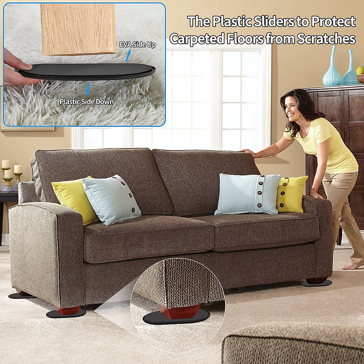 Furniture Sliders for Carpet, BOIVSHI Furniture Sliders for Hardwood Floors, Furniture Movers 8pcs-9-1/2, Easily Move for All Heavy Furniture, Floor Protectors for Carpet and Hardwood Floors (Black)