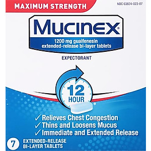 Mucinex 12 Hour Maximum Strength 1200 mg Guaifenesin Extended-Release Tablets for Excess Mucus Relief, Expectorant Aids Excess Mucus Removal, Chest Congestion Relief, 7 Tablets